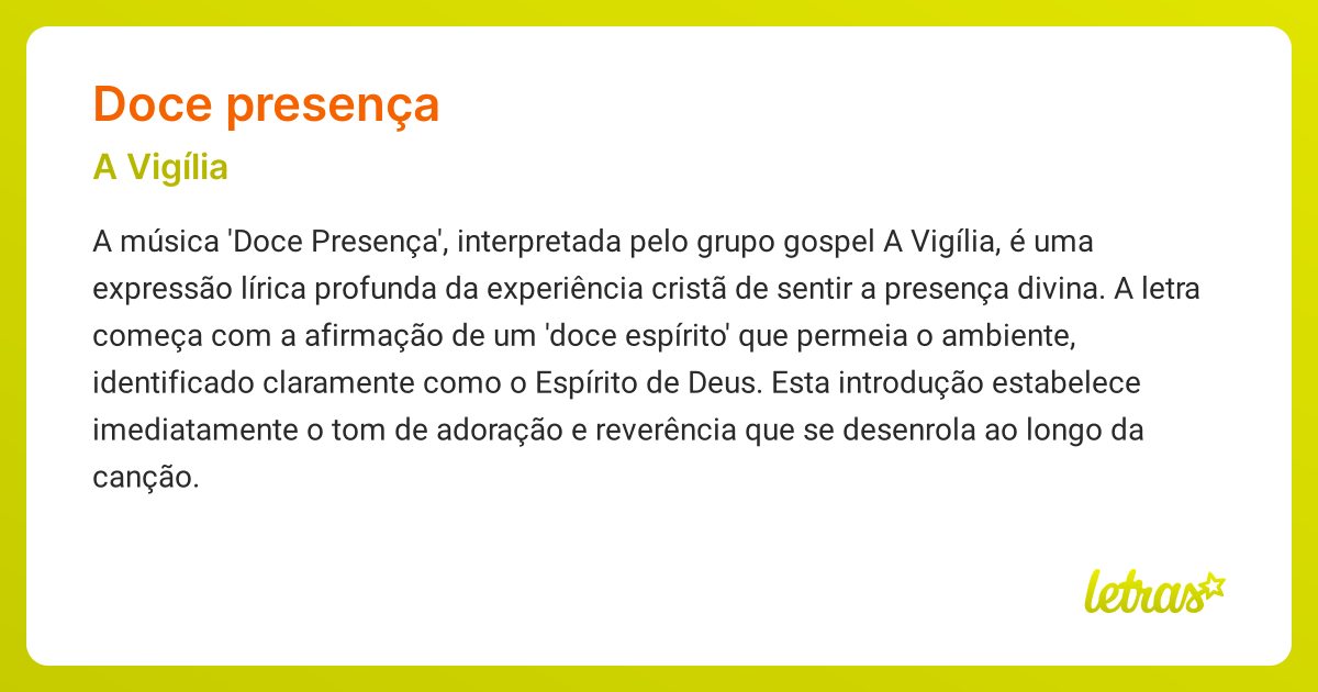 Significado da música DOCE PRESENÇA (A Vigília) - LETRAS.MUS.BR