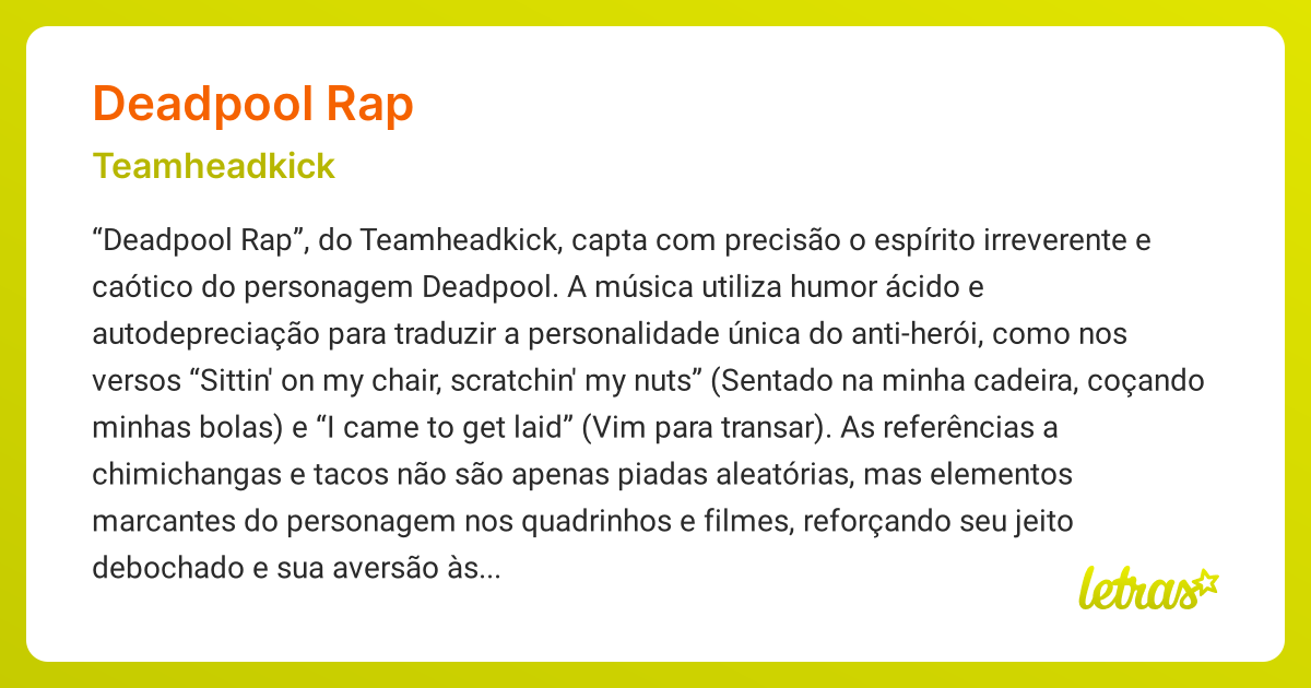 Significado da música DEADPOOL RAP (Teamheadkick) - LETRAS.MUS.BR