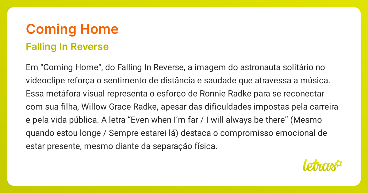 Significado da música COMING HOME (Falling In Reverse) - LETRAS.MUS.BR