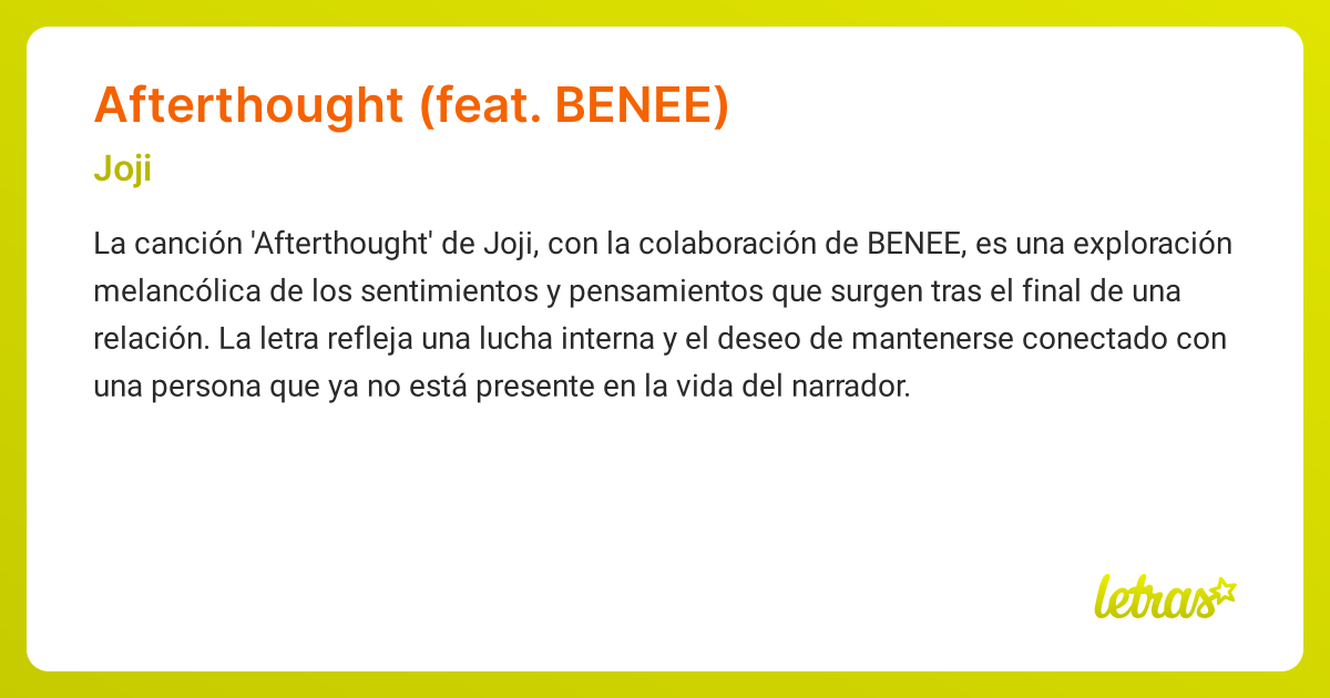Significado de la canción AFTERTHOUGHT (FEAT. BENEE) (Joji) - LETRAS.COM