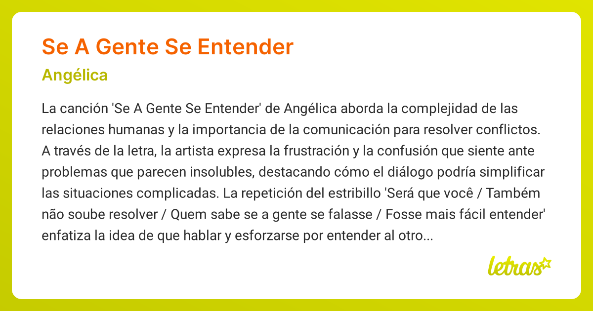 Significado de la canción SE A GENTE SE ENTENDER (Angélica) - LETRAS.COM