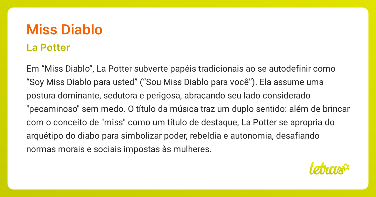 Significado da música MISS DIABLO (La Potter) - LETRAS.MUS.BR