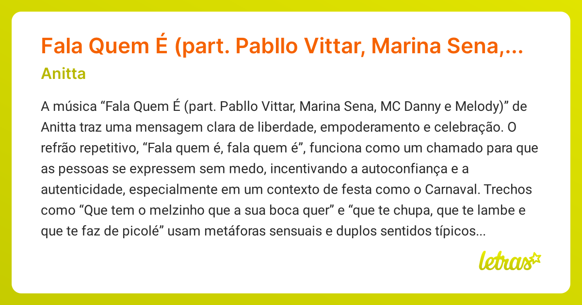 Significado da música Fala Quem É (part. Pabllo Vittar, Marina Sena, MC ...