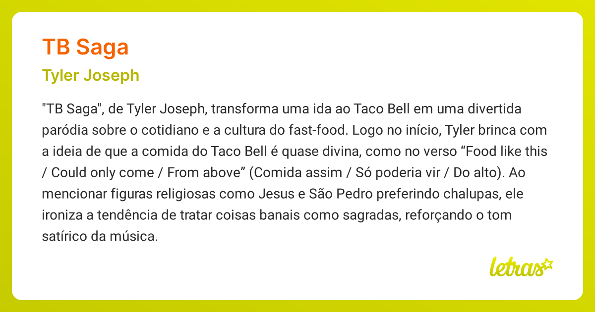 Significado da música TB SAGA (Tyler Joseph) - LETRAS.MUS.BR