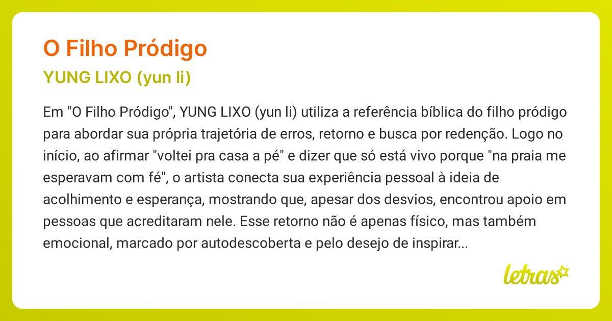 Significado da música O FILHO PRÓDIGO (YUNG LIXO (yun li)) - LETRAS.MUS.BR
