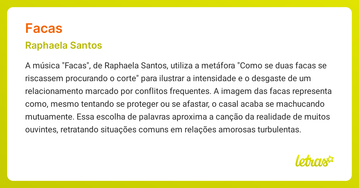 Significado da música FACAS (Raphaela Santos) - LETRAS.MUS.BR