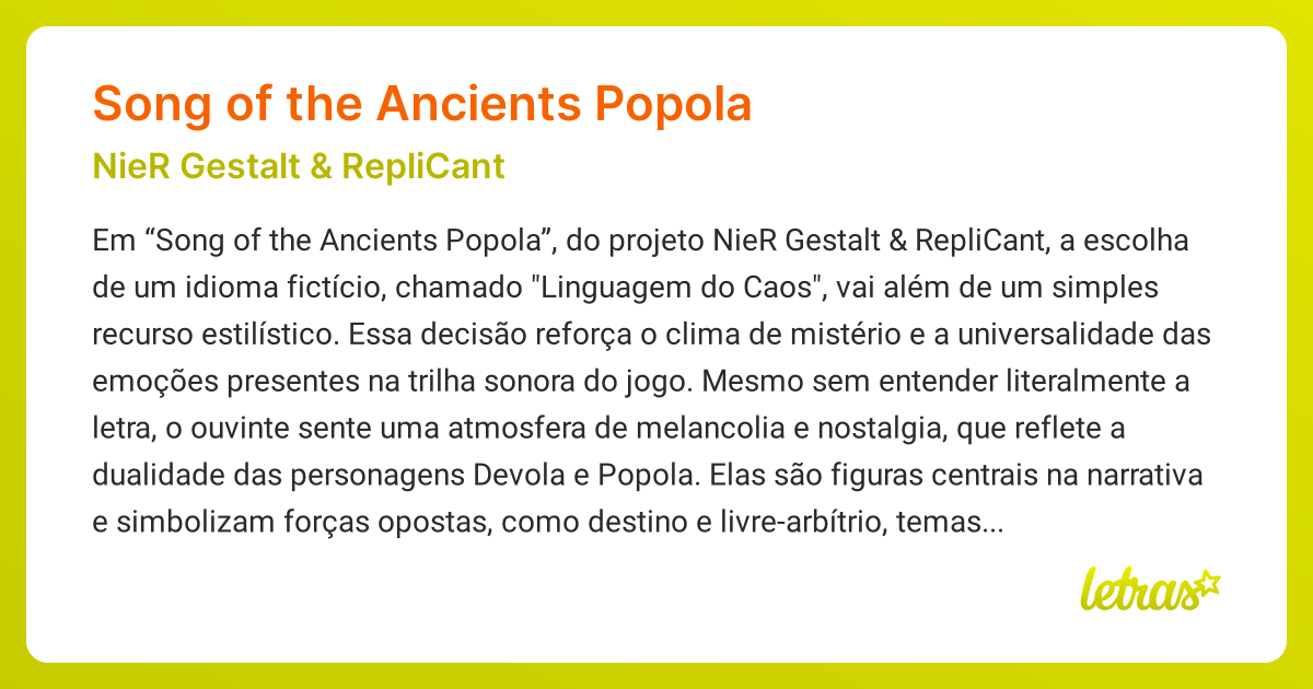 Significado da música SONG OF THE ANCIENTS POPOLA (NieR Gestalt ...