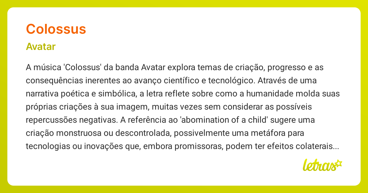 Significado da música COLOSSUS (Avatar) - LETRAS.MUS.BR
