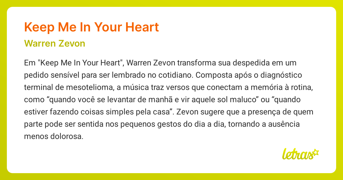 Significado da música KEEP ME IN YOUR HEART (Warren Zevon) - LETRAS.MUS.BR