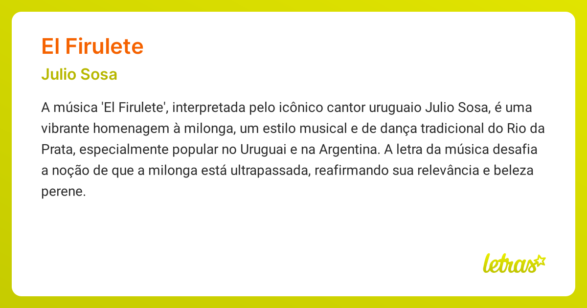 Significado da música EL FIRULETE (Julio Sosa) - LETRAS.MUS.BR