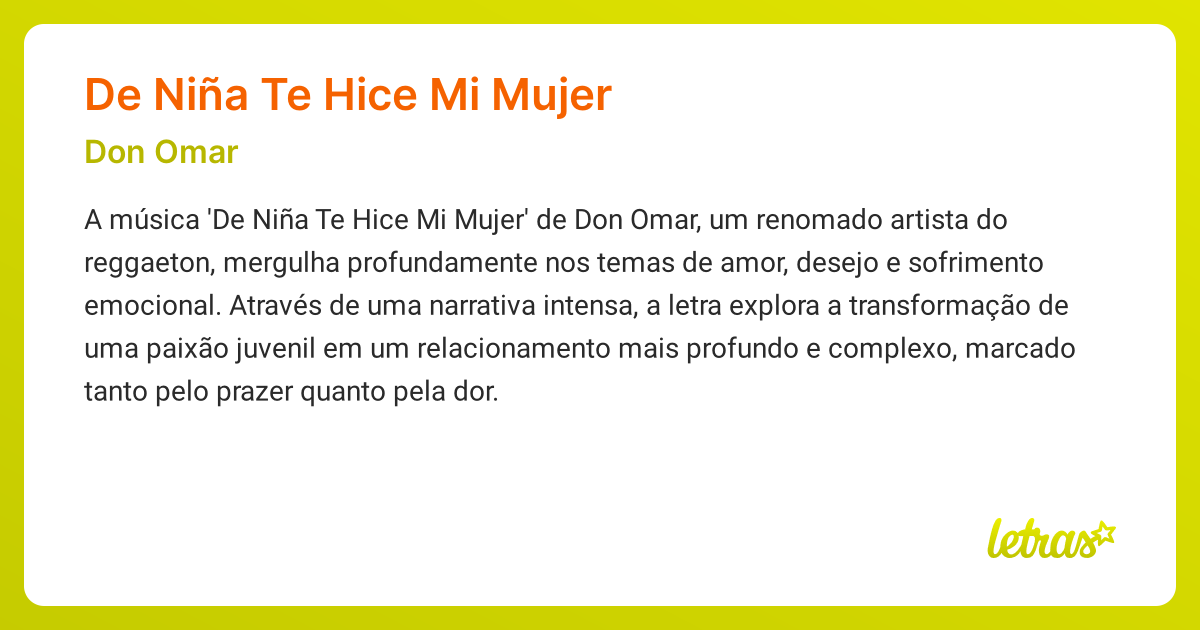 Significado da música DE NIÑA TE HICE MI MUJER (Don Omar) - LETRAS.MUS.BR