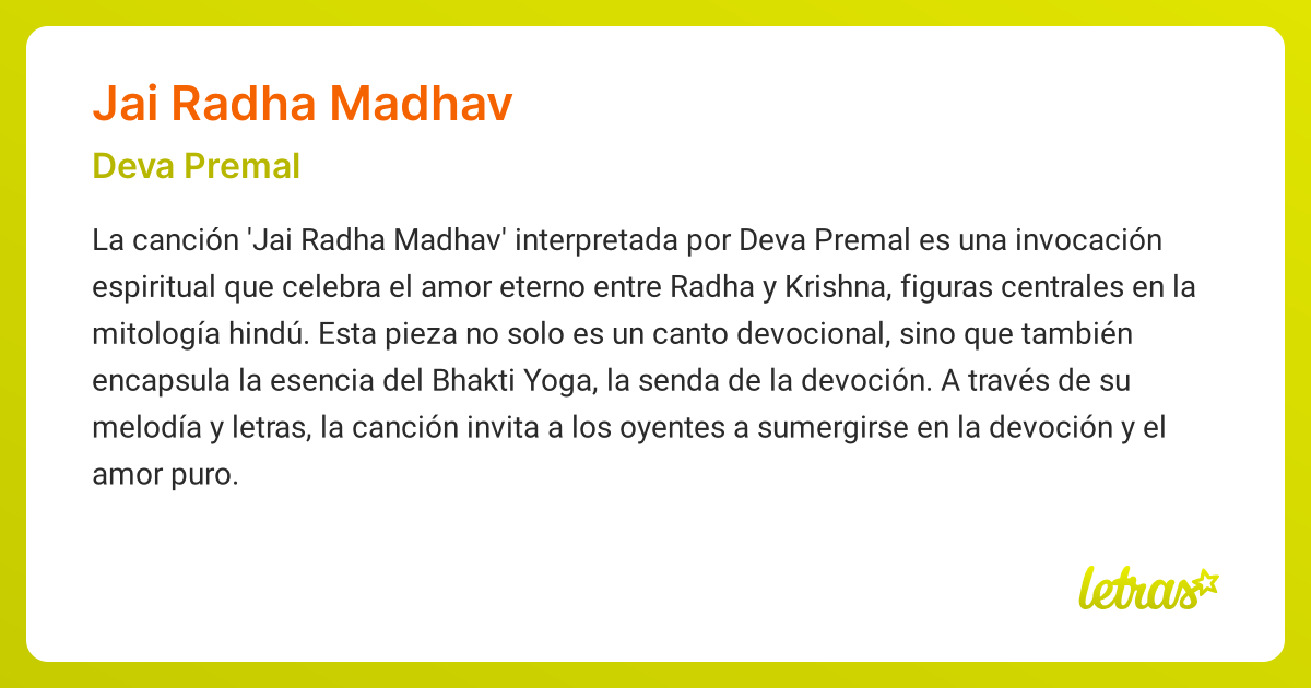 Significado de la canción JAI RADHA MADHAV (Deva Premal) - LETRAS.COM