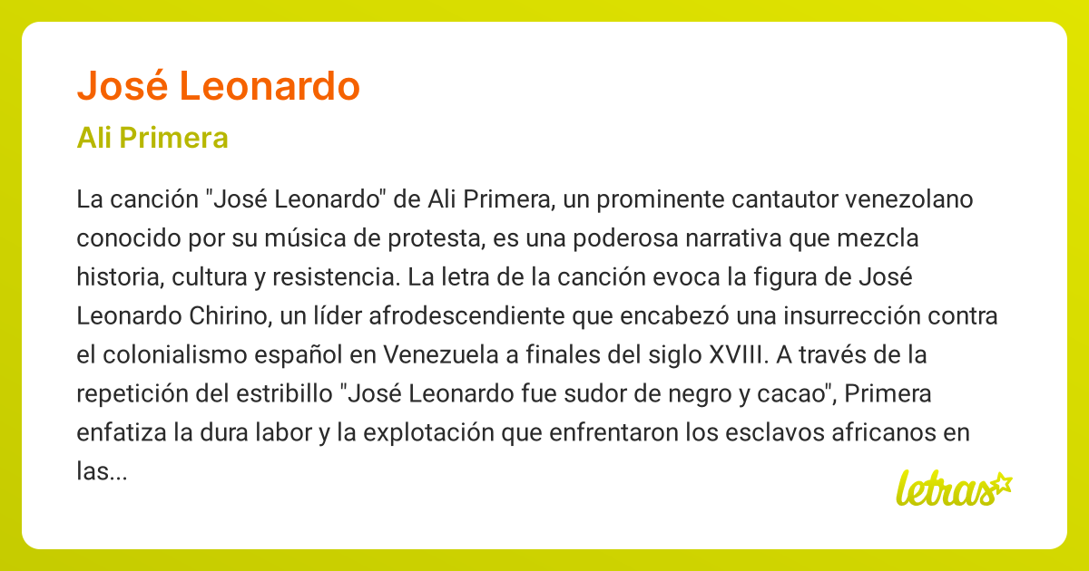 Significado de la canción JOSÉ LEONARDO (Ali Primera) - LETRAS.COM