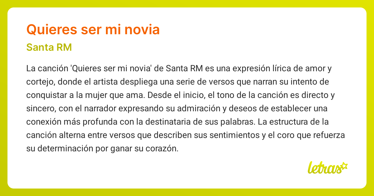 Significado de la canción QUIERES SER MI NOVIA (Santa RM) - LETRAS.COM