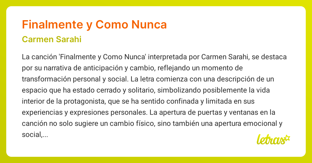 Significado de la canción FINALMENTE Y COMO NUNCA (Carmen Sarahi ...