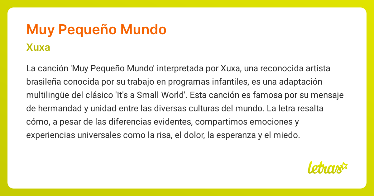 Significado de la canción MUY PEQUEÑO MUNDO (Xuxa) - LETRAS.COM