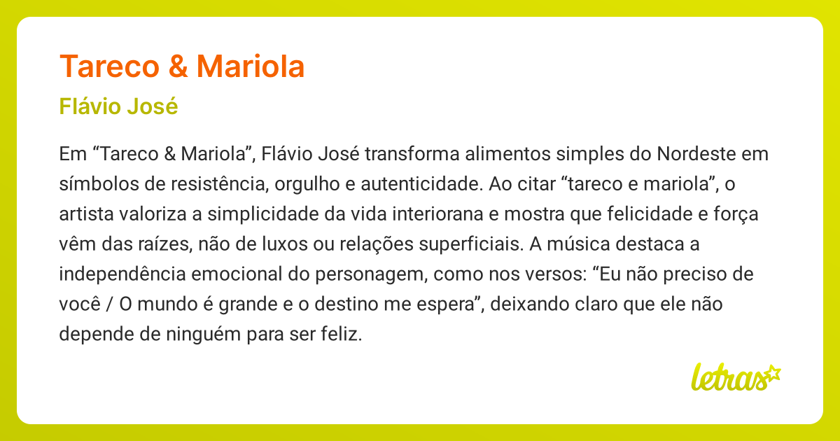 Significado da música TARECO & MARIOLA (Flávio José) - LETRAS.MUS.BR