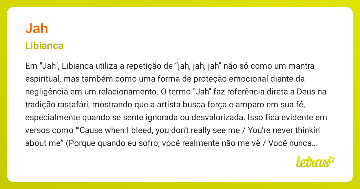 Significado da música JAH (Libianca) - LETRAS.MUS.BR