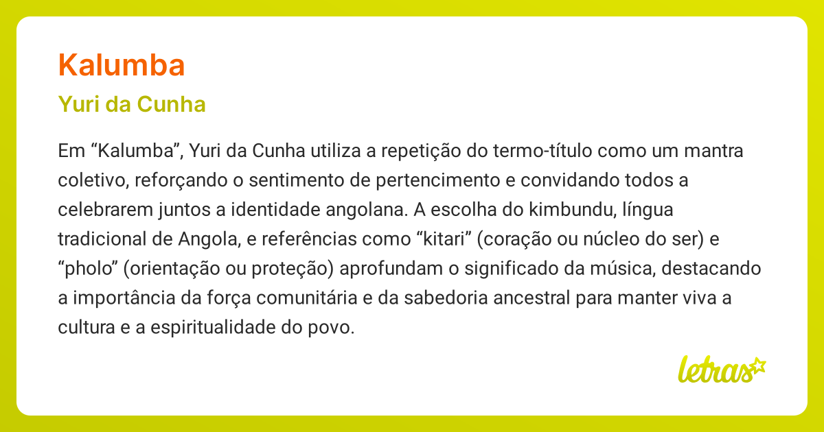 Significado da música KALUMBA (Yuri da Cunha) - LETRAS.MUS.BR
