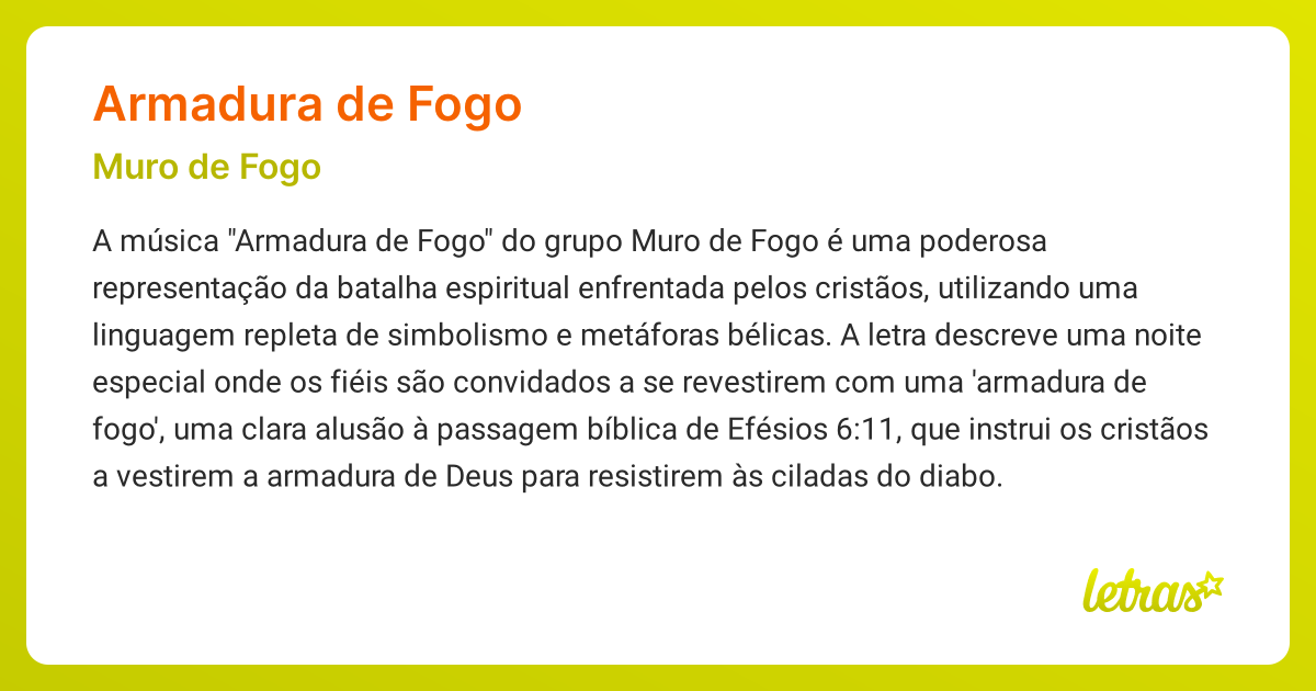 Significado da música ARMADURA DE FOGO (Muro de Fogo) - LETRAS.MUS.BR