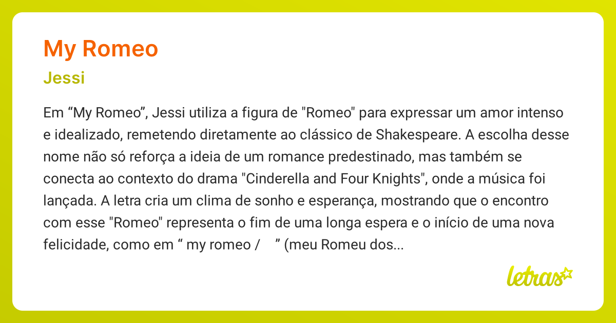 Significado da música MY ROMEO (Jessi) - LETRAS.MUS.BR