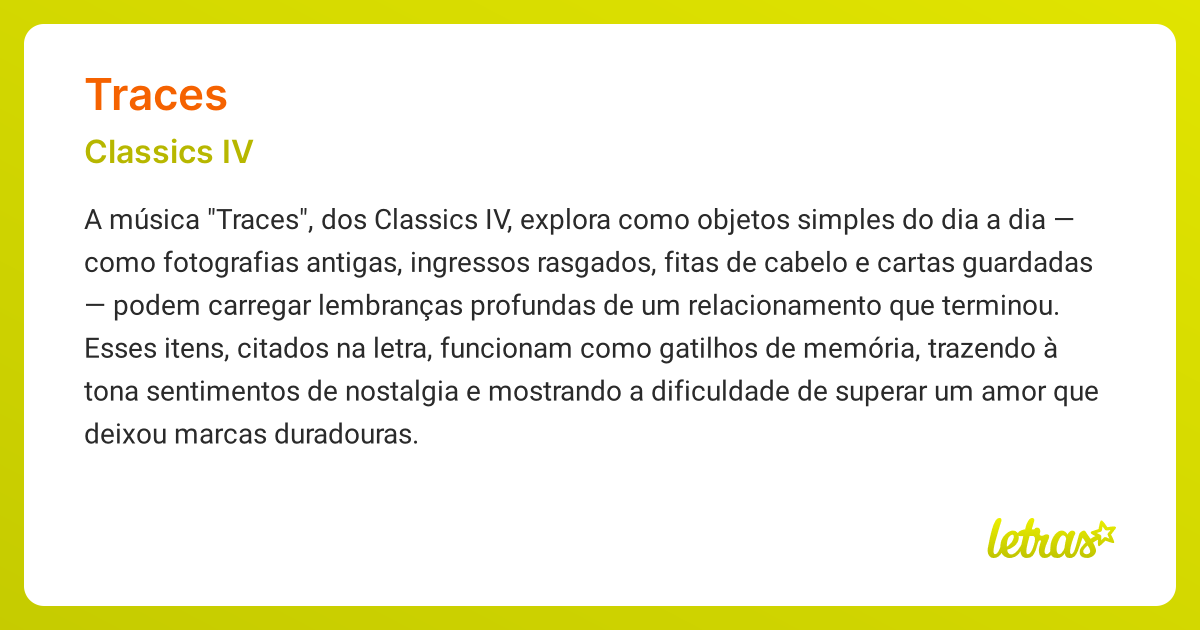 Significado da música TRACES (Classics IV) - LETRAS.MUS.BR