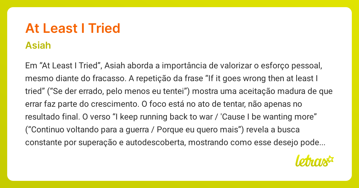 Significado da música AT LEAST I TRIED (Asiah) - LETRAS.MUS.BR