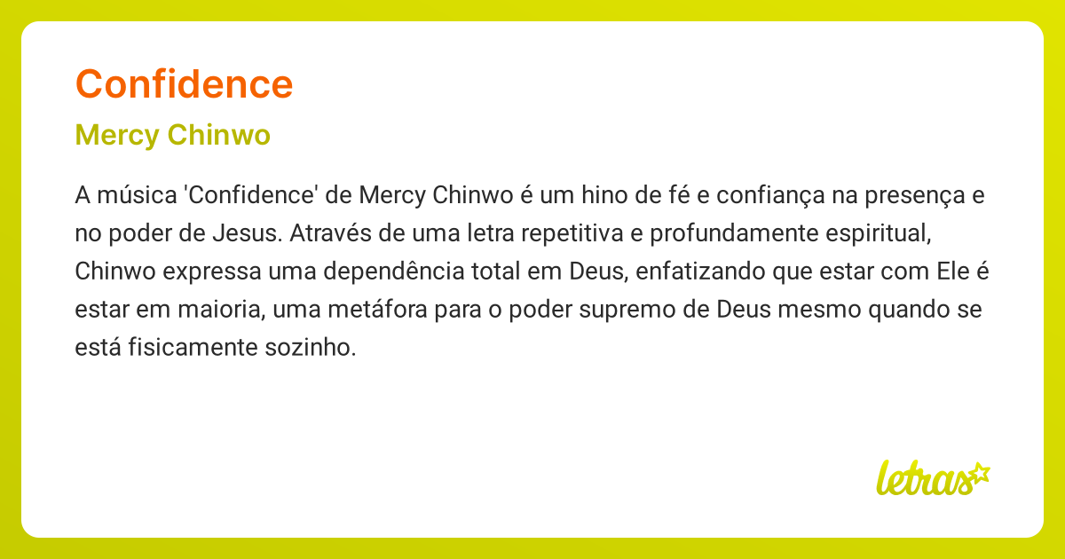 Significado da música CONFIDENCE (Mercy Chinwo) - LETRAS.MUS.BR