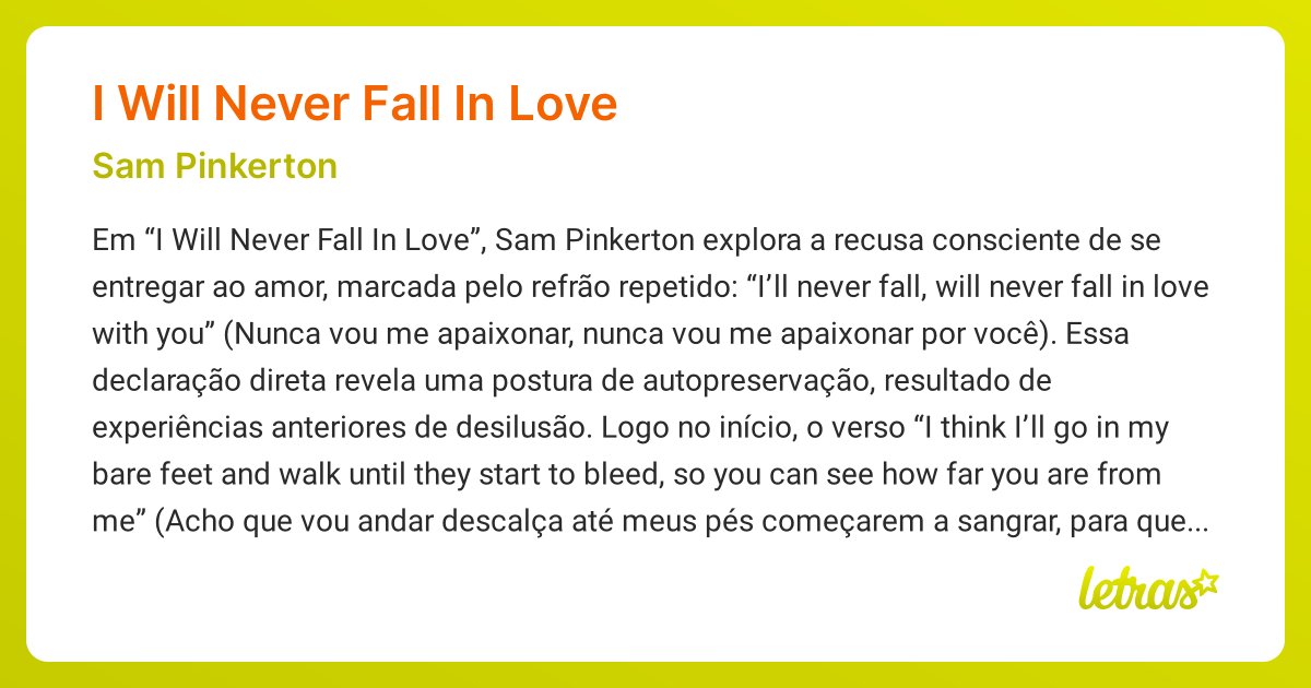 Significado da música I WILL NEVER FALL IN LOVE (Sam Pinkerton ...