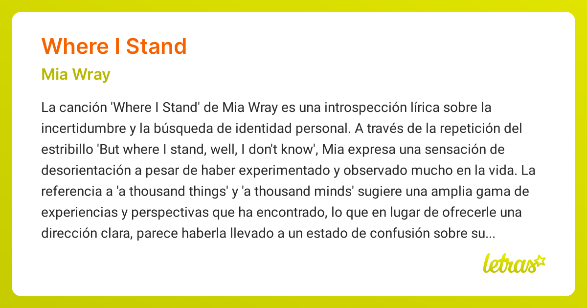 Significado de la canción WHERE I STAND (Mia Wray) - LETRAS.COM