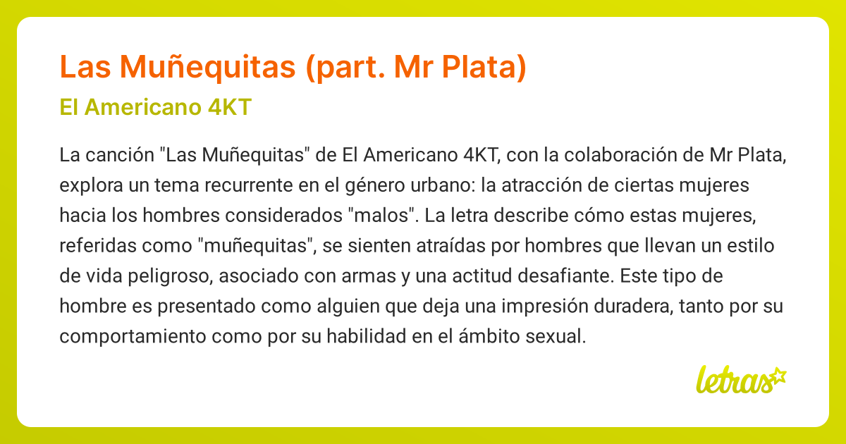 Significado de la canción Las Muñequitas (part. Mr Plata) (El Americano ...