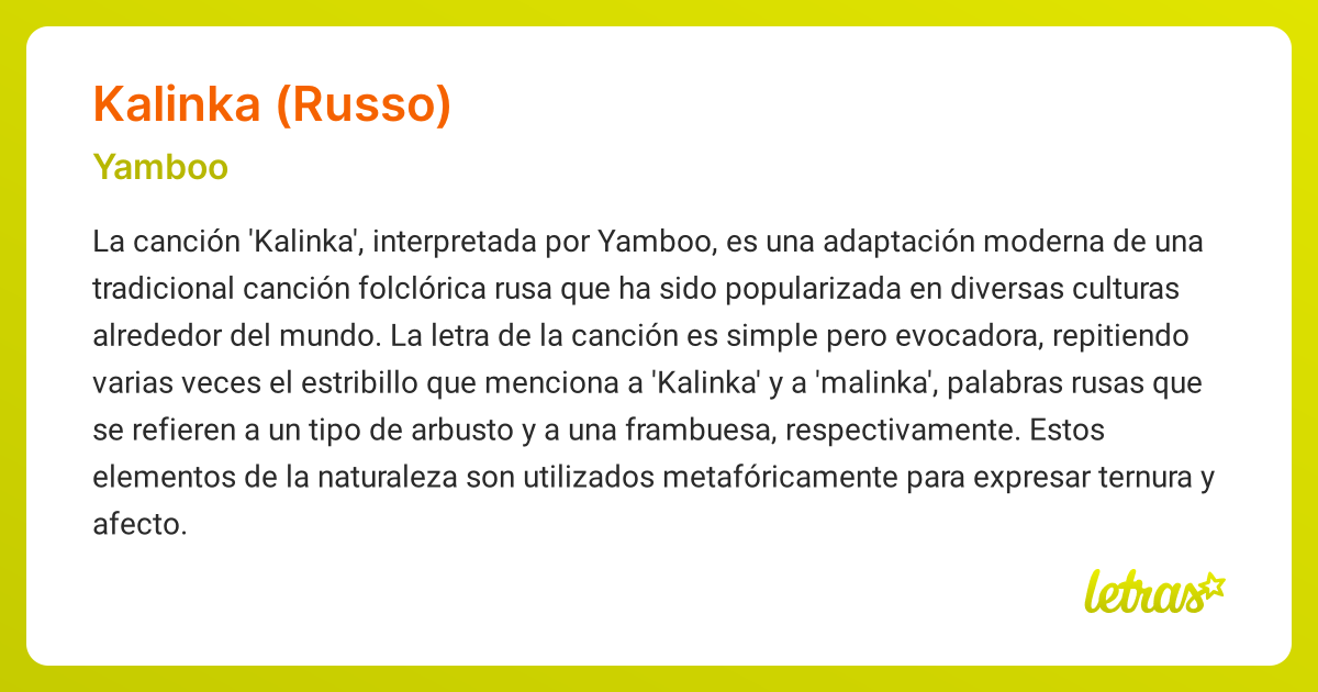 Significado de la canción KALINKA (RUSSO) (Yamboo) - LETRAS.COM
