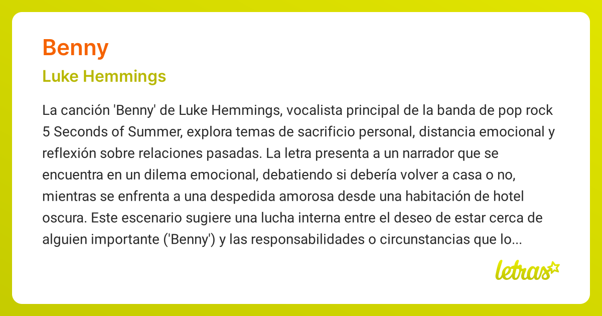 Significado de la canción BENNY (Luke Hemmings) - LETRAS.COM