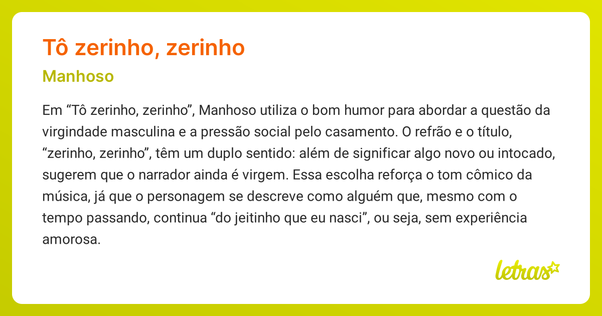 Significado da música TÔ ZERINHO, ZERINHO (Manhoso) - LETRAS.MUS.BR