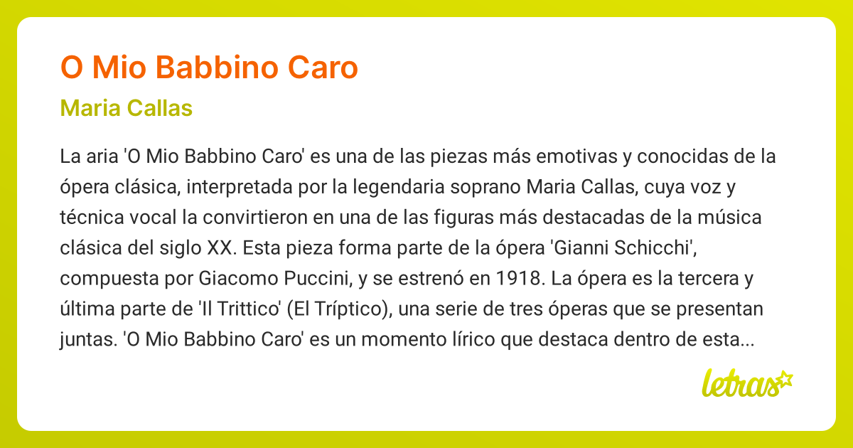 Significado de la canción O MIO BABBINO CARO (Maria Callas) - LETRAS.COM