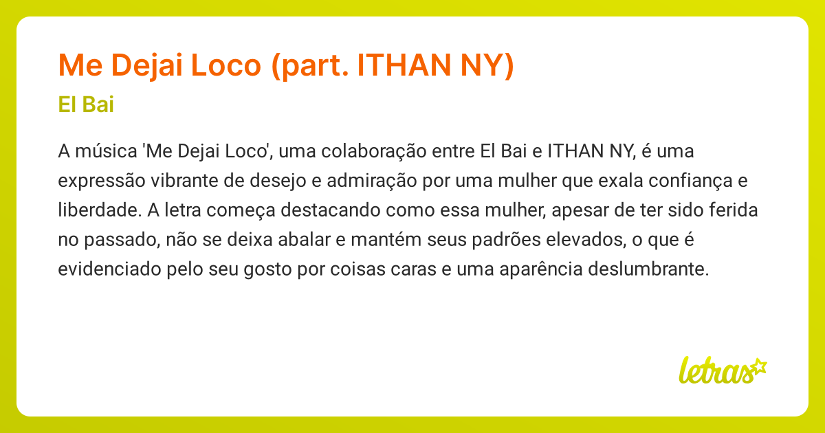 Significado da música ME DEJAI LOCO (PART. ITHAN NY) (El Bai) - LETRAS ...