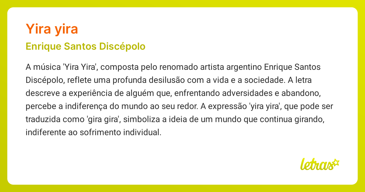 Significado da música YIRA YIRA (Enrique Santos Discépolo) - LETRAS.MUS.BR