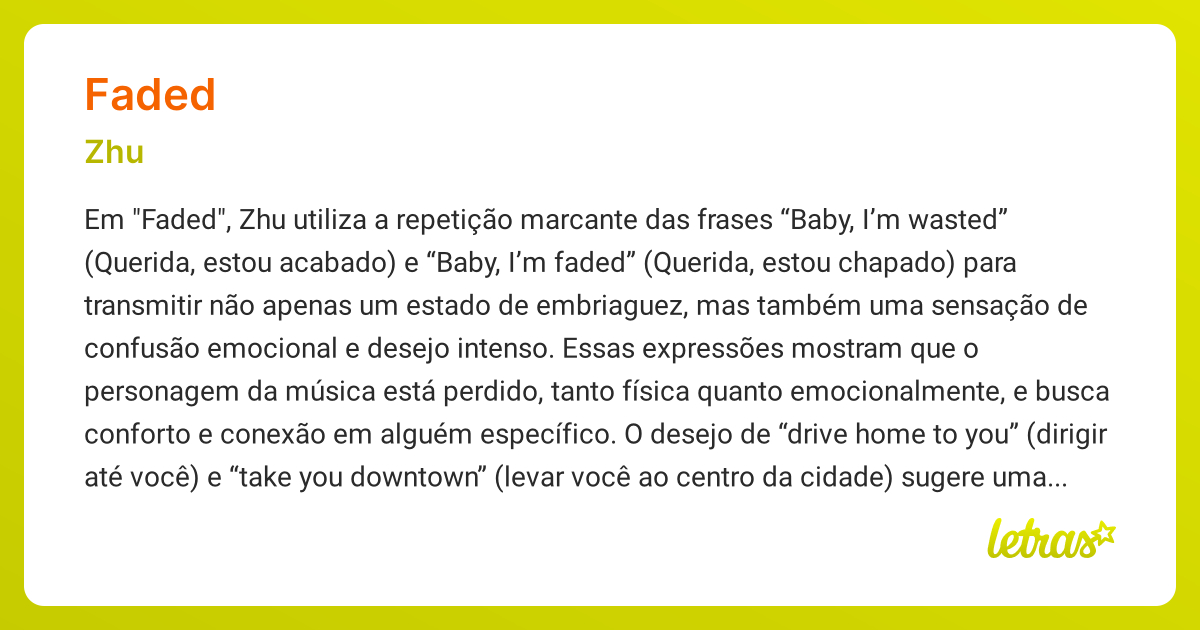 Significado da música FADED (Zhu) - LETRAS.MUS.BR