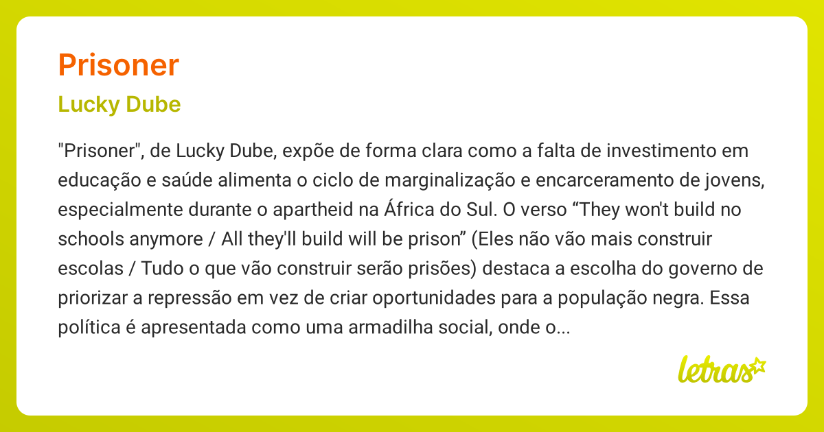 Significado da música PRISONER (Lucky Dube) - LETRAS.MUS.BR
