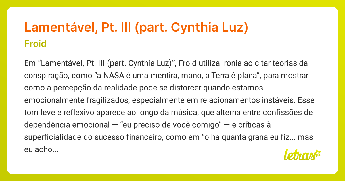 Significado da música Lamentável, Pt. III (part. Cynthia Luz) (Froid ...