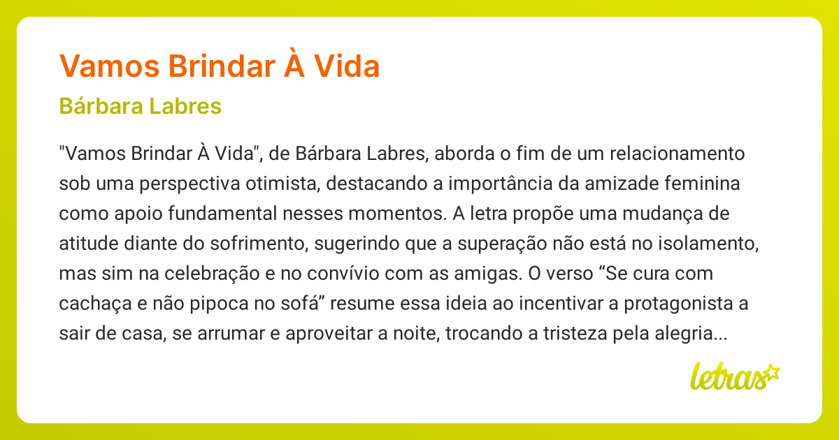 Significado da música VAMOS BRINDAR À VIDA (Bárbara Labres) - LETRAS.MUS.BR