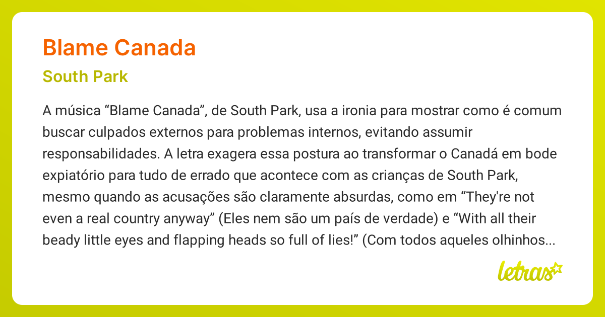 Significado da música BLAME CANADA (South Park) - LETRAS.MUS.BR