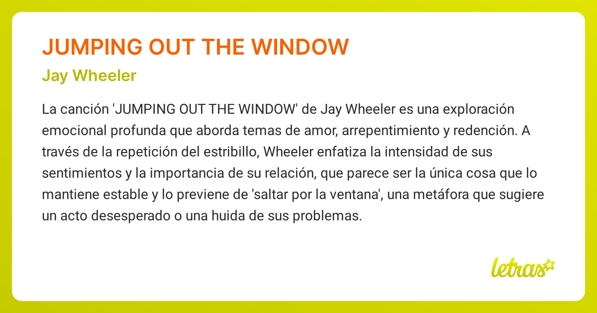 Significado de la canción JUMPING OUT THE WINDOW (Jay Wheeler) - LETRAS.COM