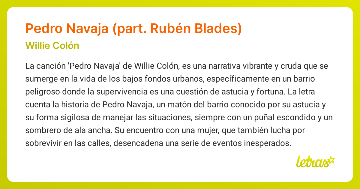 Significado de la canción Pedro Navaja (part. Rubén Blades) (Willie ...