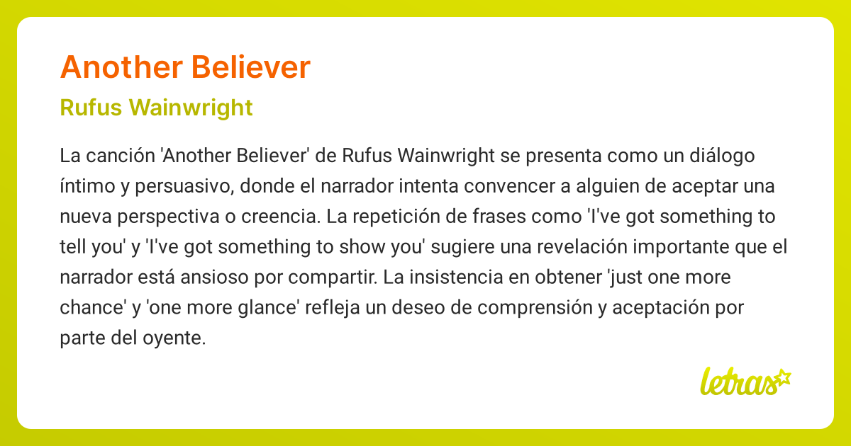 Significado de la canción ANOTHER BELIEVER (Rufus Wainwright) - LETRAS.COM
