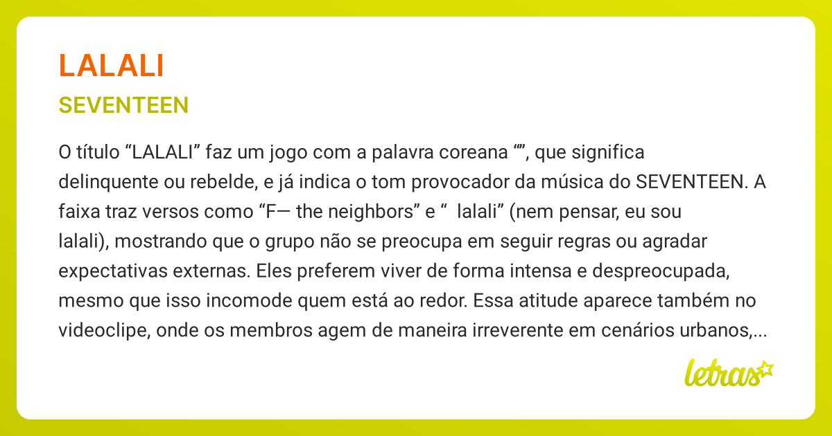 Significado da música LALALI (SEVENTEEN) - LETRAS.MUS.BR
