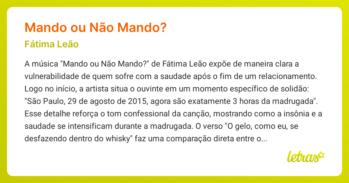 Significado da música MANDO OU NÃO MANDO? (Fátima Leão) - LETRAS.MUS.BR