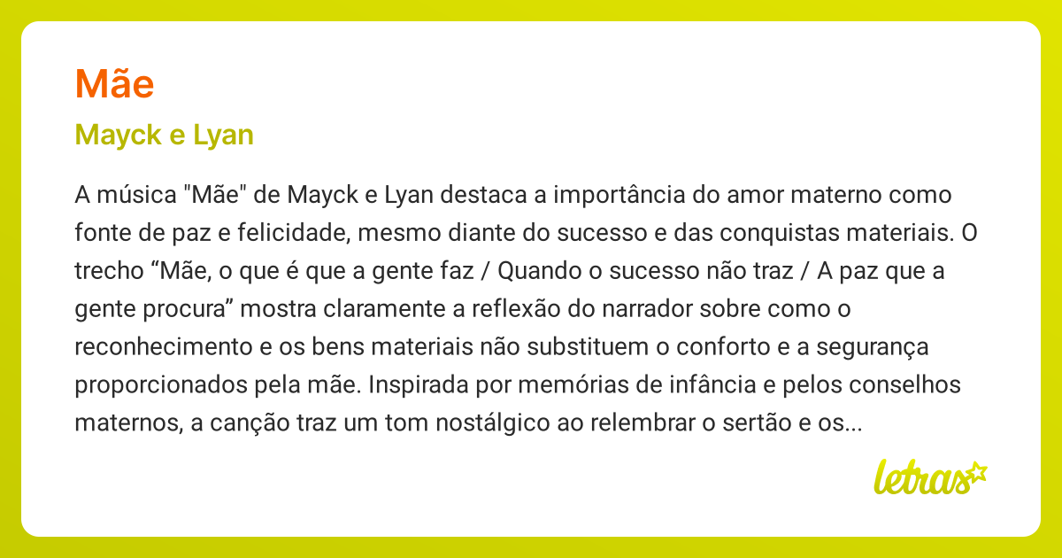 Significado da música MÃE (Mayck e Lyan) - LETRAS.MUS.BR