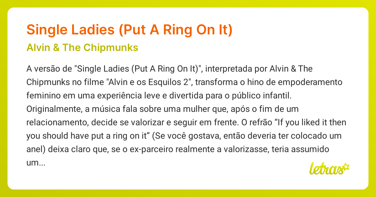 Significado da música Single Ladies (Put A Ring On It) (Alvin & The ...