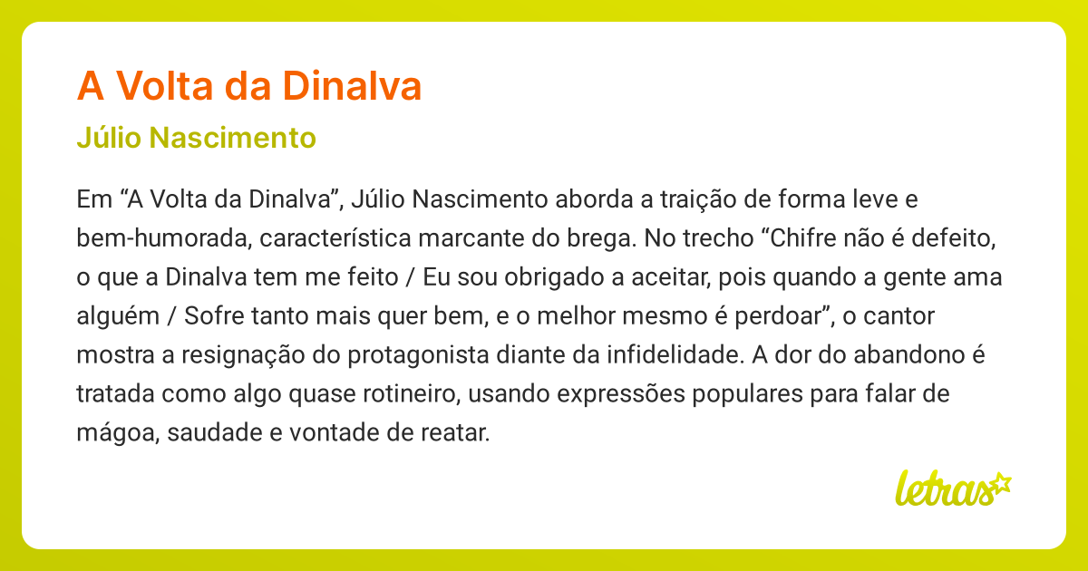 Significado da música A VOLTA DA DINALVA (Júlio Nascimento) - LETRAS.MUS.BR